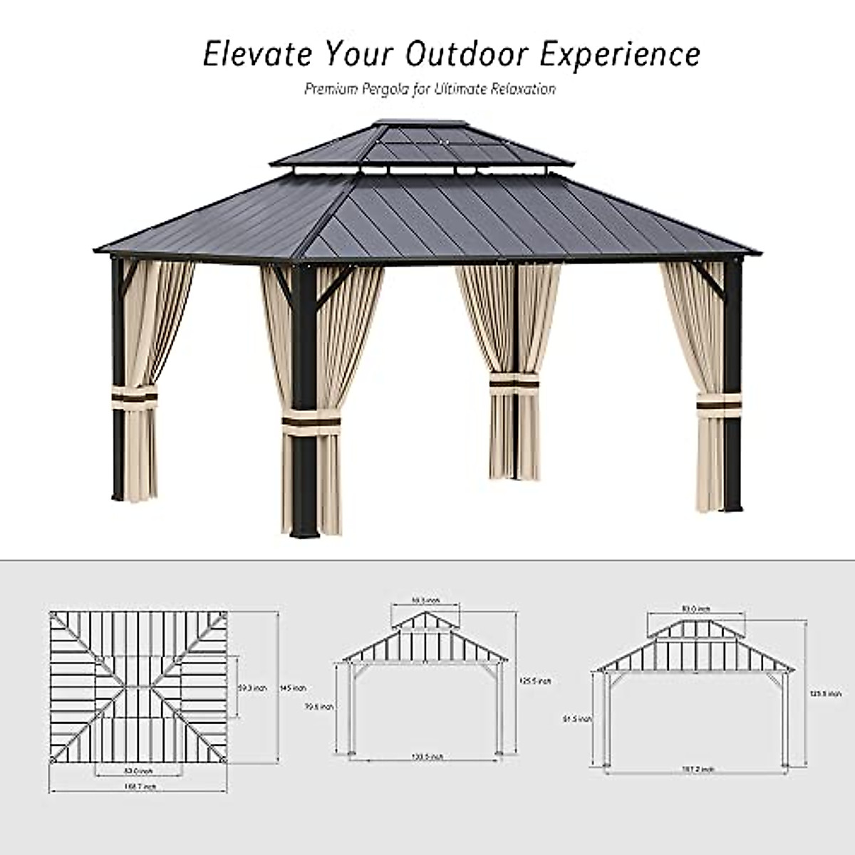 RTDTD 12’x14’ Hardtop Gazebo Outdoor Aluminum Frame Permanent Gazebo Galvanized Steel Double Roof Gazebo with Nettings and Curtains for Patio, Lawns,Backyard, Deck(Brown)
