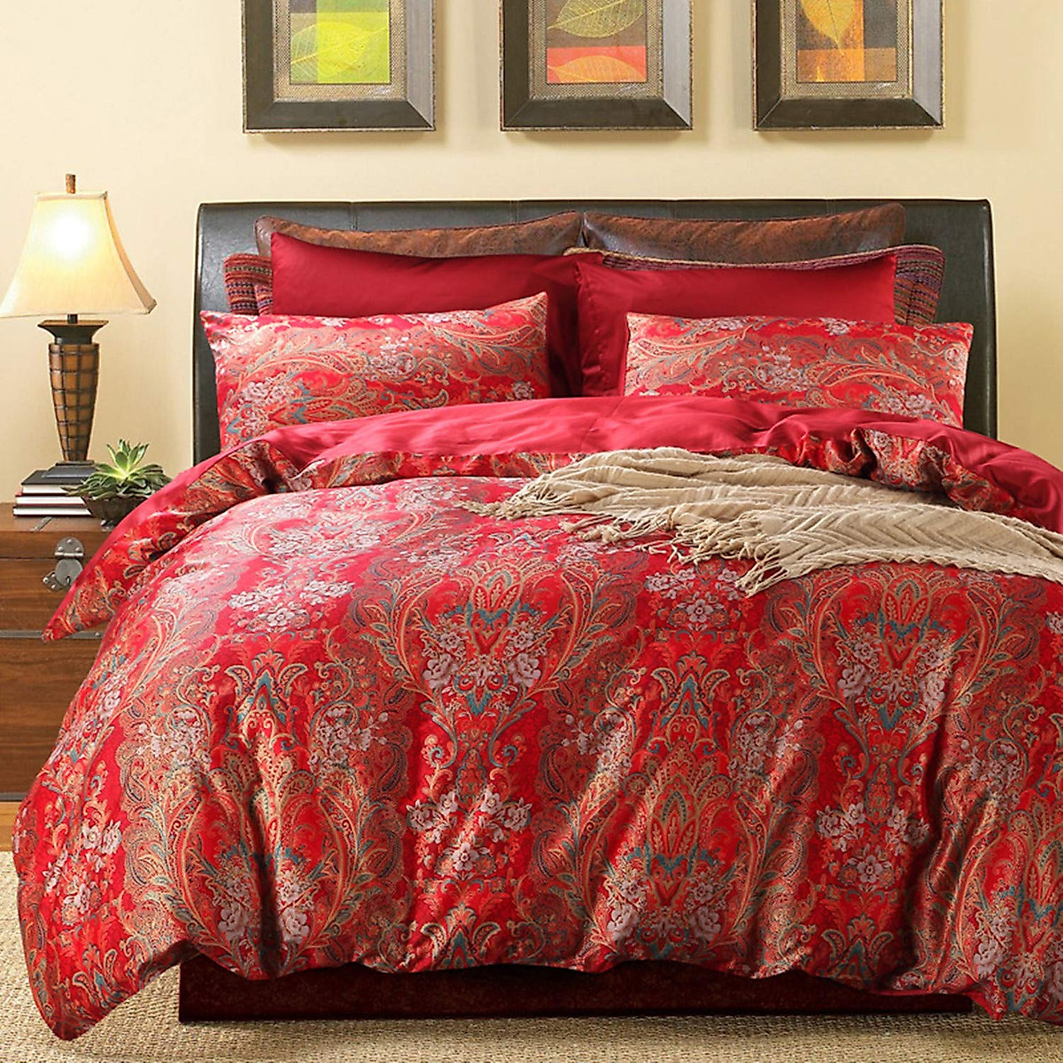 ABREEZE Boho Luxury Bohemian Retro Boho Bedding King 3 Pcs 100% Egyptian Cotton Paisley Damask Pattern Duvet Covers red and Gold 800 Thread Count