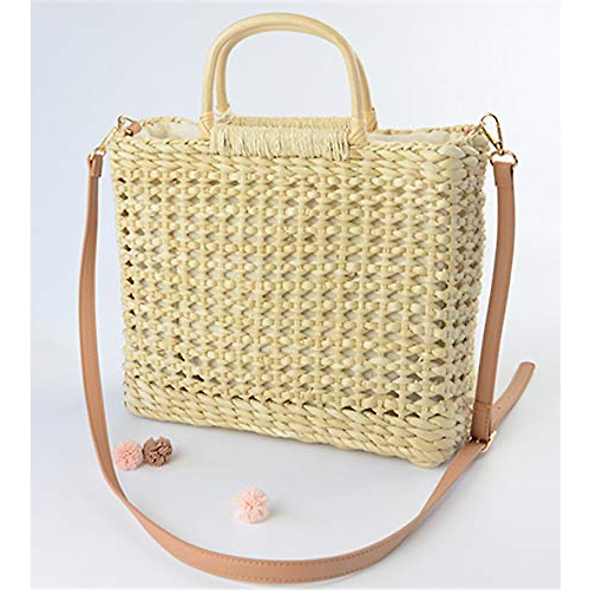QZUnique Women's Summer Straw Shoulder Bag Lining Handbag Tassel Wooden Handles Handwoven Crossbody Hobo Bag Purse