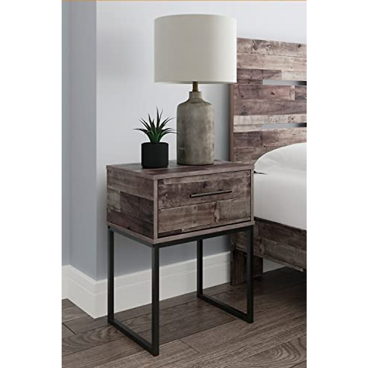 Signature Design by Ashley Neilsville Industrial 1 Drawer Nightstand with Metal Legs, 26" Tall, Gray & Black