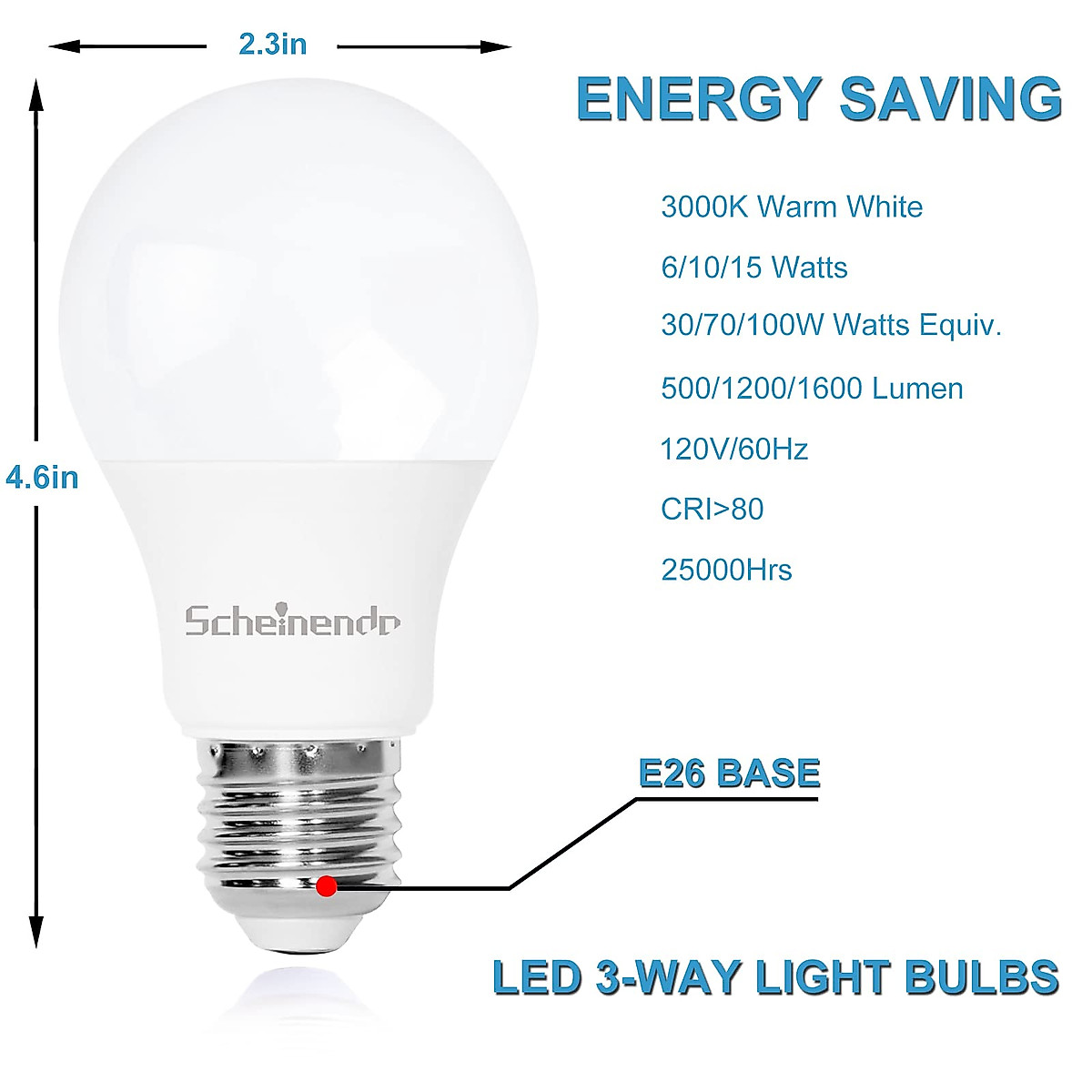 Scheinenda 3 Way Light Bulbs 4 Pack, 𝟑 𝐖𝐚𝐲 𝐋𝐄𝐃 𝐋𝐢𝐠𝐡𝐭 𝐁𝐮𝐥𝐛𝐬 30 70 100W Equivalent, Standard A19 LED Bulbs E26 Medium Base, Warm White 3000K, 500lm-1200lm-1600lm