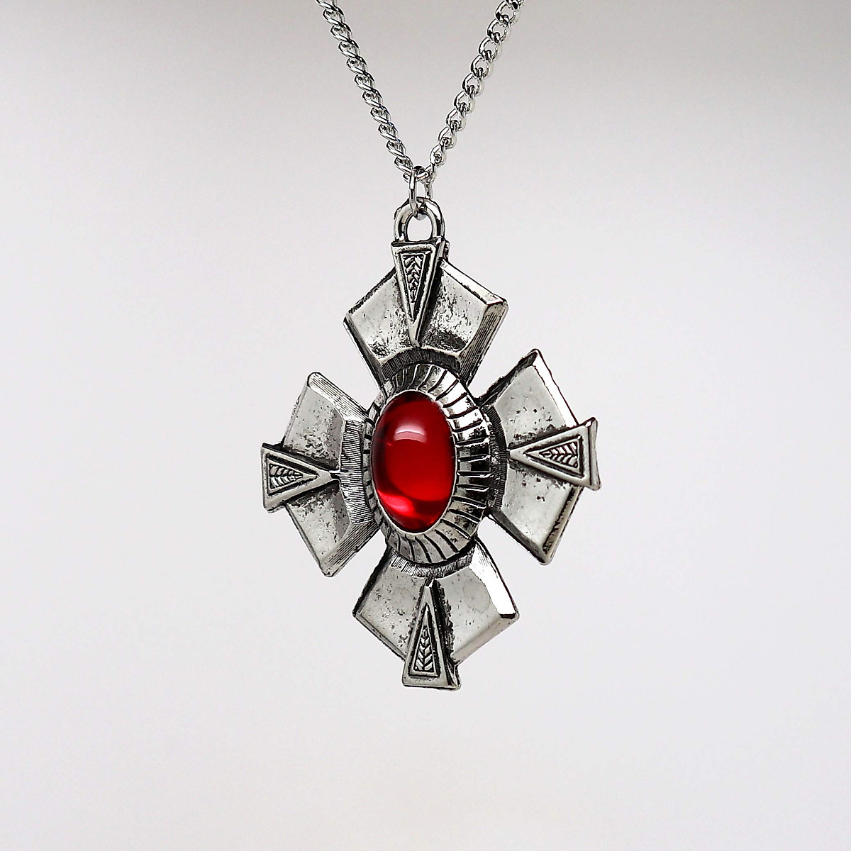 Medallion with Red Cabochon Medieval Renaissance Silver Finish Pendant Necklace
