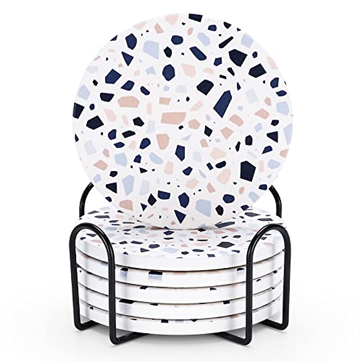 Coasters with Holder, Absorbent Coasters by DSNDVES, Set of 6 Ceramic Coasters, Marble Style Drink Coasters with Cork Base, Bar Coasters, Round Stone Coasters for Table Protection Terrazzo 34