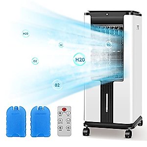 R.W.FLAME Air Cooler,Evaporative Air Cooler, 30IN Tower Fan, Built-in Ionizer,12H Timer,40°Oscillation,3 Modes&Speeds,LED Display, Remote Control with Ice Boxes for Home Office and Garage,White