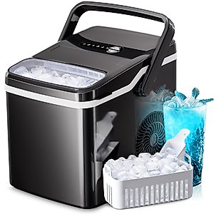 Kismile Ice Makers Countertop,28Lbs/Day,Collapsible Portable Countertop Ice Maker Machine with Handle, 2 Sizes of Ice Cube,9 Pcs/7 Mins,Small Ice Maker with Ice Basket/Scoop, for Home & Kitchen(Black)