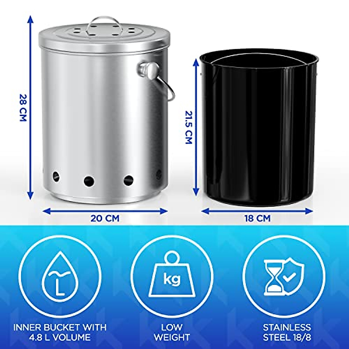 Stainless Steel Compost Bin for Kitchen Counter - Odor-Free Indoor Trash Bin with Clever Air Circulation and Filter [1.3 Gallon] - No Need for Plastic Bags Thanks to The Dishwasher Safe Inner bin