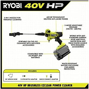 HP Brushless EZClean 600 PSI 0.7 GPM 40 Volt HP Cold Water Cleaner with 2.0 Ah Battery and Charger (11.3, 1)