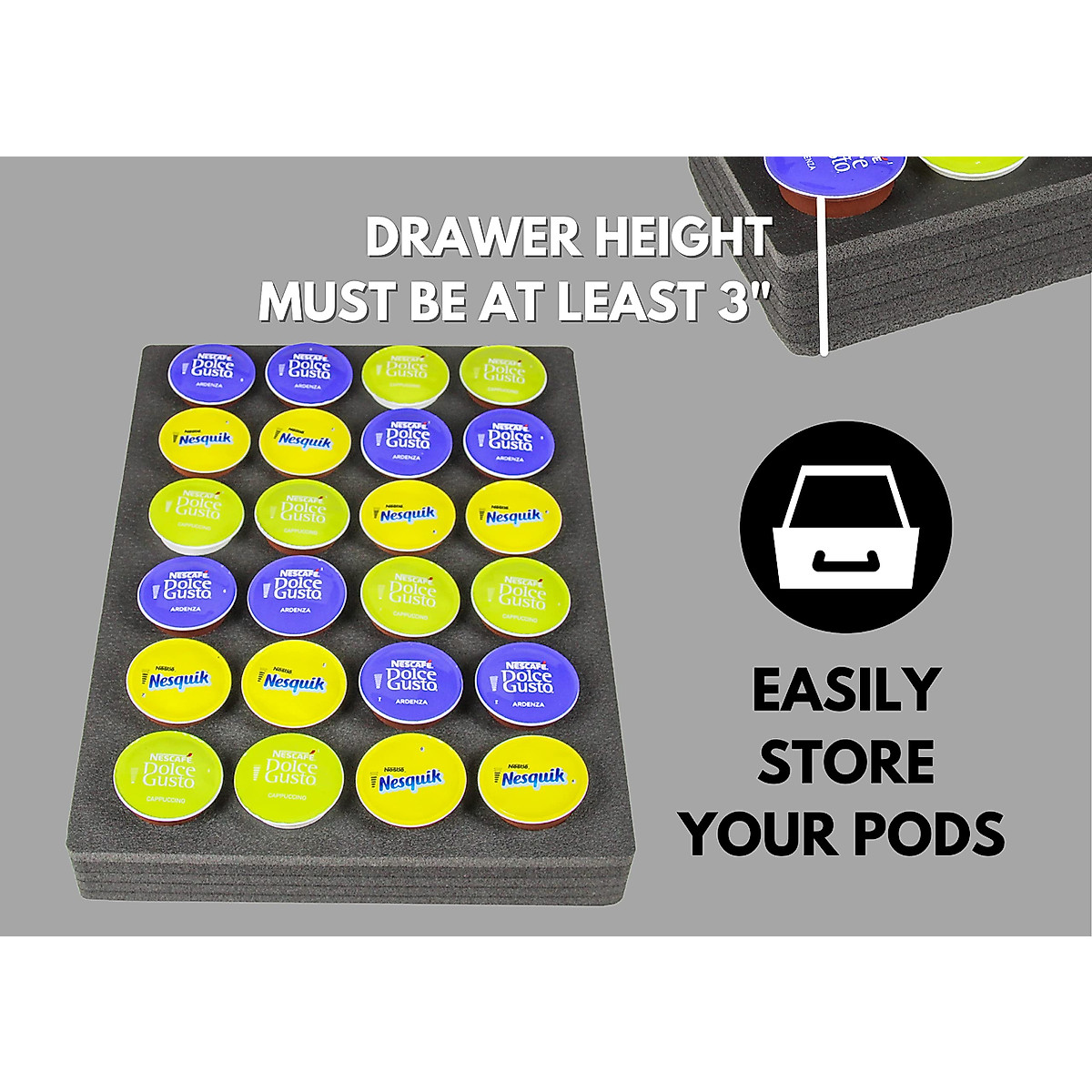 Polar Whale Coffee Espresso Capsule Drawer Organizer Tray Insert Compatible with Dolce Gusto for Kitchen Home Office Waterproof Washable Black Foam 24 Compartment 10.9 x 14.9 Inches