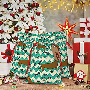 Drawstrings Christmas Gift Bags Cartoon-Dachshunds-Bones-Paw Presents Wrapping Bags Xmas Gift Wrapping Sacks Pouches Medium