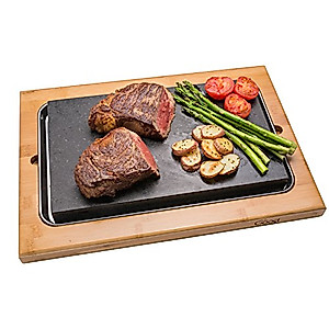 Cooking Stone- Extra Large Lava Hot Stone Tabletop Grill Cooking Platter and Cold Lava Rock Indoor BBQ Hibachi Grilling Stone (12.5" x 7.5") w Bamboo Platter