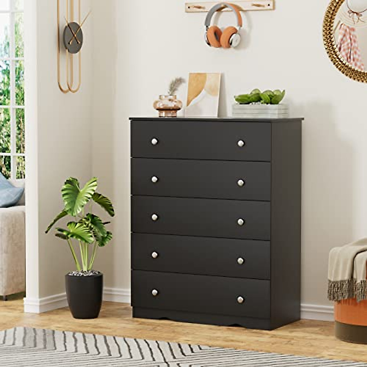 JUMMICO Drawer Wooden Dresser, 5 Drawer Dresser for Closet Bedroom, Modern Wooden Storage Drawer for Nursery Living Room and Hallway Dressers & Chests of Drawers (Black)