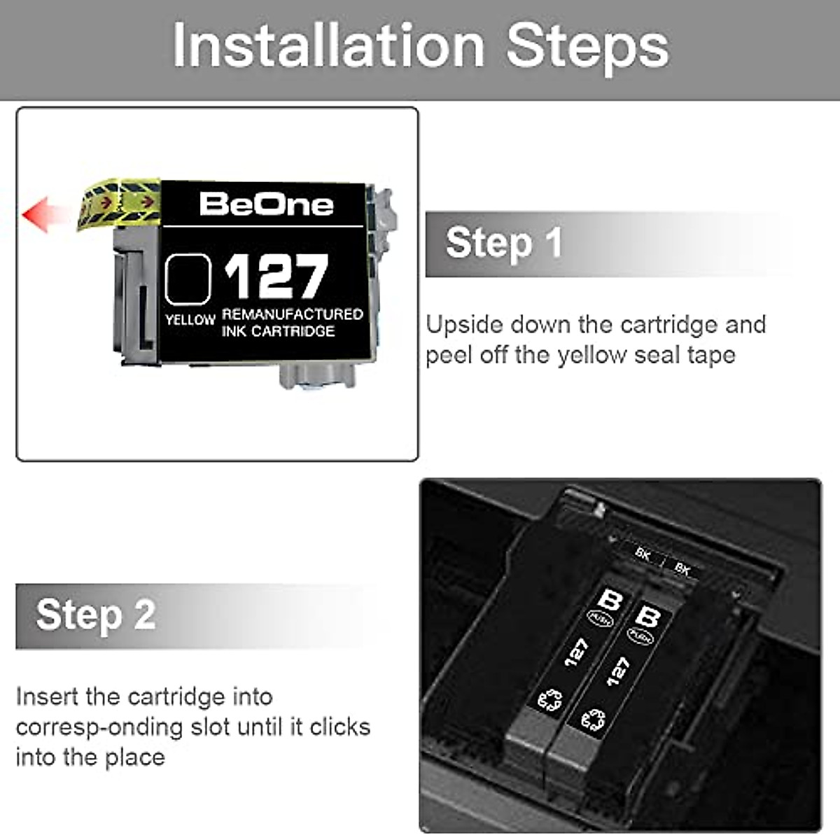 BeOne T127 Ink Cartridges Remanufactured Replacement for Epson 127 2-Pack to Use with Workforce 60 545 630 633 635 645 840 845 WF-3520 WF-3530 WF-3540 WF-7010 WF-7510 WF-7520 Printer (2 Black)
