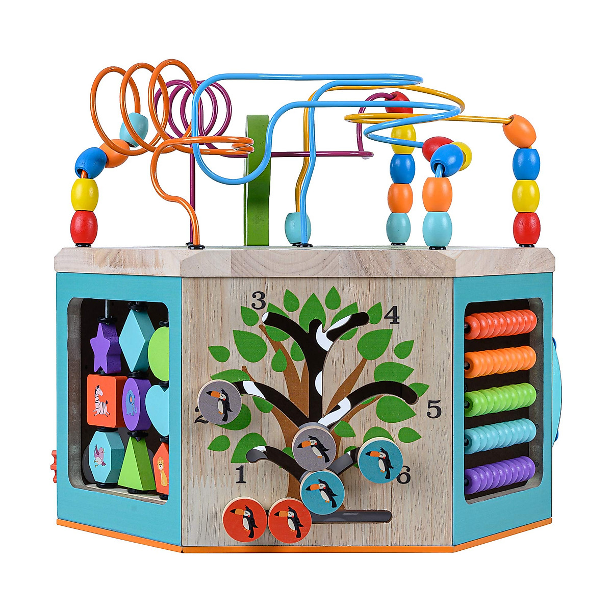 Teamson Kids Preschool Play Lab 7-in-1 Large Wooden Activity Cube Station Center Bead Maze and Counting for Kids Baby Toys, Natural