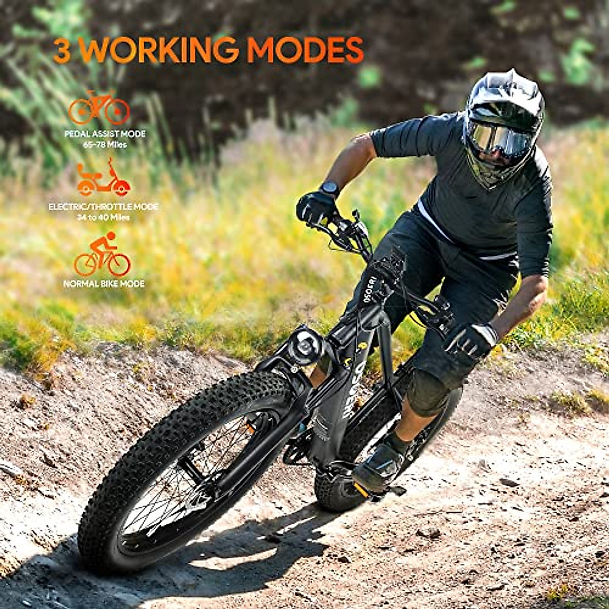 Osoeri 26&#039;&#039; x 4&#039;&#039; Fat Tire Electric Bike for Adults, 65Miles Range 48V 20Ah LG Cells Battery Ebike, 750W Brushless Motor 28MPH Shimano 7-Speed Electric Bicycle, Lockable Suspension Fork, Black