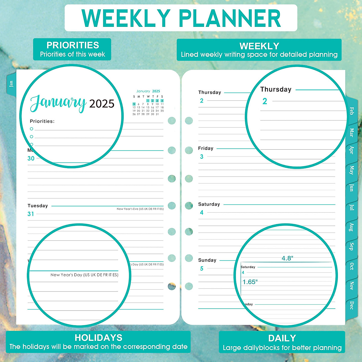 2024-2025 Planner Refills - Planner Refills, JUL 2024 - JUN 2025, A5 Planner Inserts, 5.5 x 8.5 inch, 7 Holes, 2024-2025 Weekly & Monthly Planner Refills, A5 Planner Refills - Green