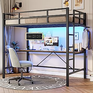 DICTAC Loft Bed Twin Size with Desk and Led Lights Twin Metal Loft Bed with Charging Station Twin Size Metal Bed Frame with Safety Guard & Ladder, Space-Saving,No Noise,No Box Spring Needed, Black