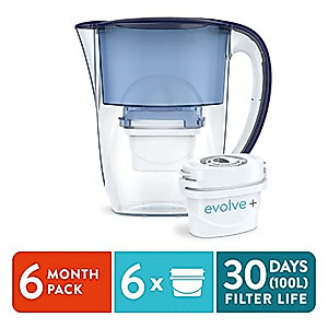 Aqua Optima Oria Water Filter Jug & 6 x 30 Day Evolve+ Filter Cartridge, 2.8 Litre Capacity, for Reduction of Microplastics, Chlorine, Limescale and Impurities, Blue