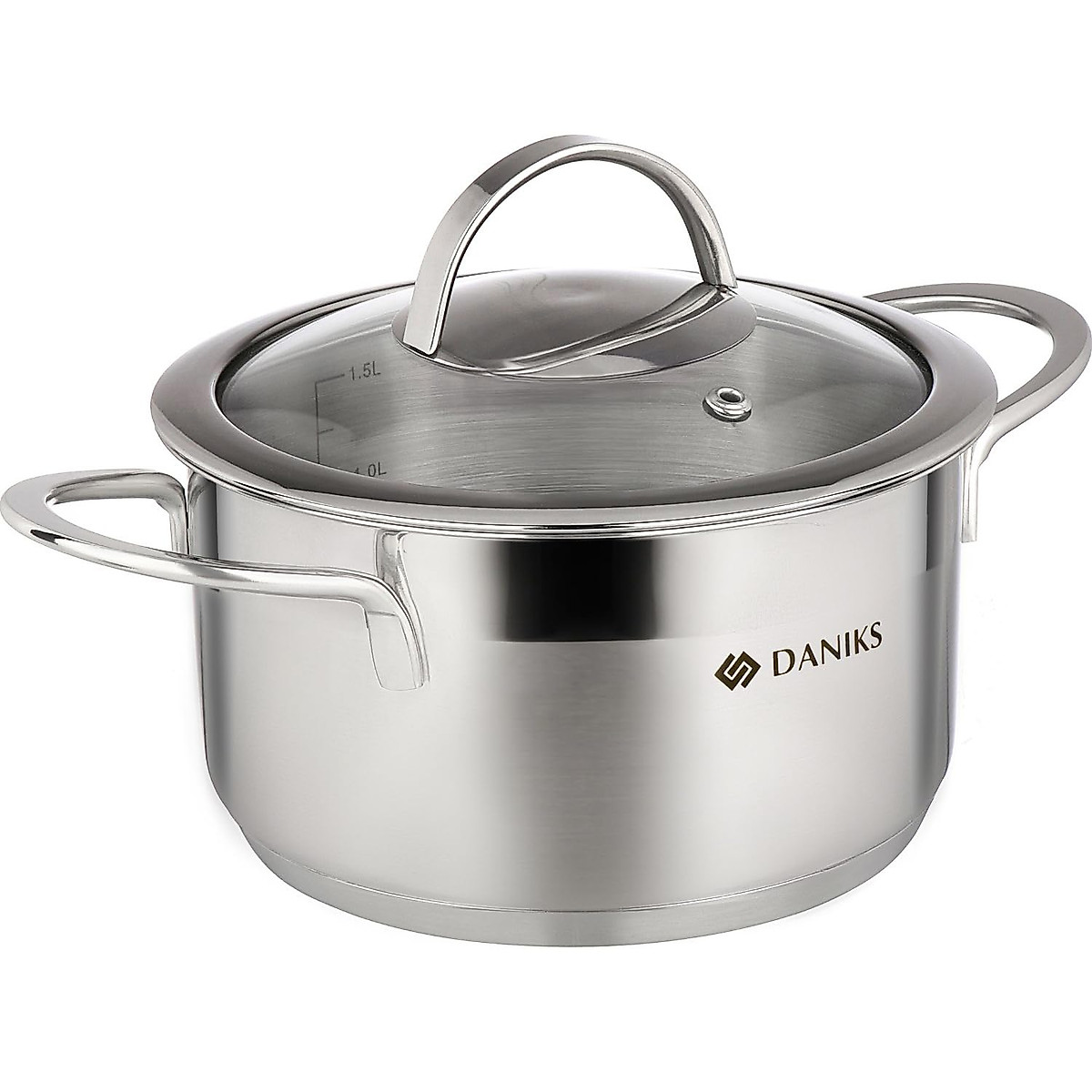 Daniks Bonn Stainless Steel Stock Pot with Glass Lid | Induction 2 Quart | Dishwasher Safe Pot | Measuring Scale | Soup Pasta Stew Pot | Silver