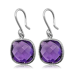 Gem Stone King 925 Sterling Silver Purple Amethyst Dangle Earrings For Women (12.00 Cttw, Gemstone Birthstone, Cushion Checkerboard Cut 12MM)