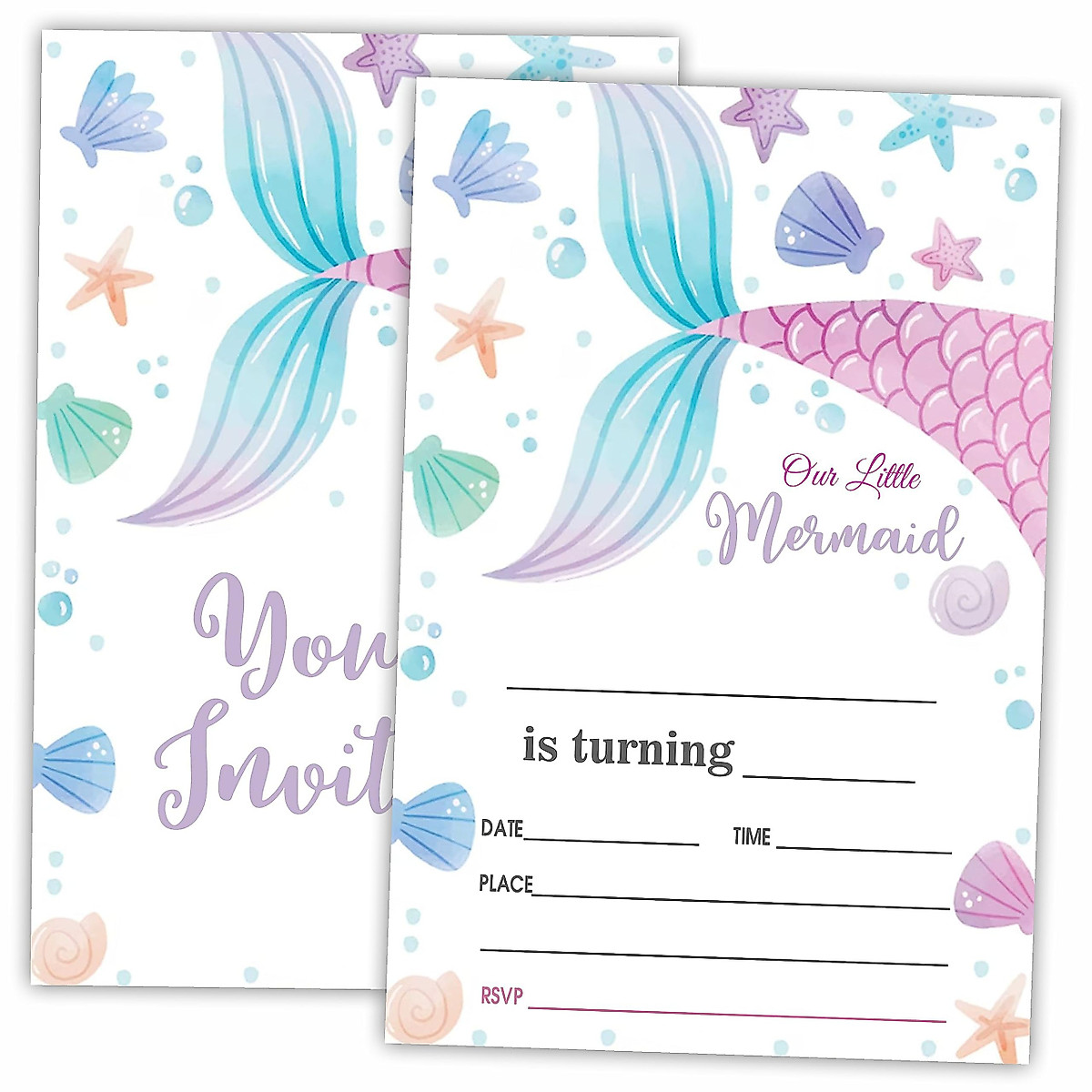 AWSICE Little Mermaid Birthday Invitations, Under The Sea Fill-In Invite Cards For Birthday Party, 20 Invitations With Envelopes, Decorations,Party Favor And Supply-B05