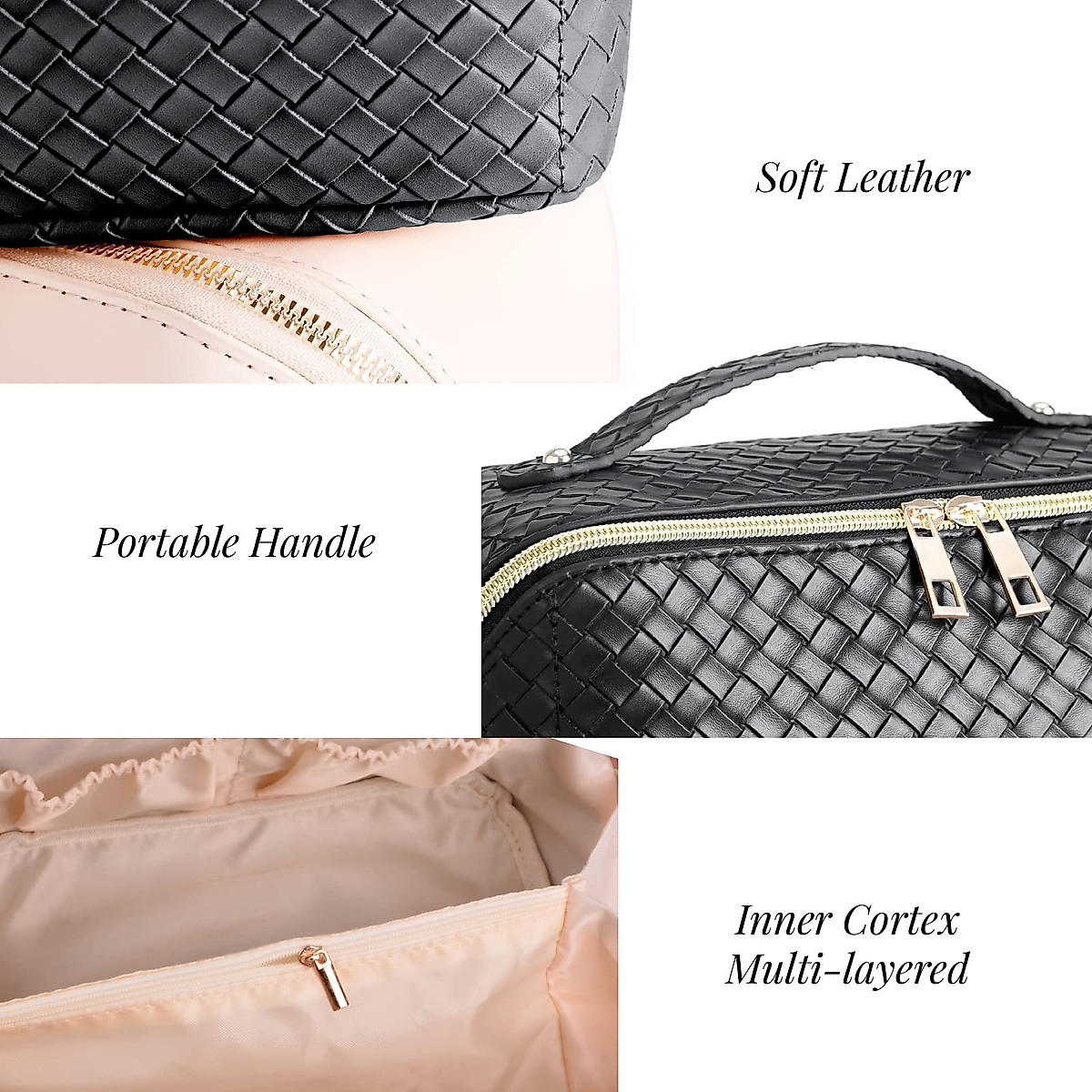 LASPERAL Travel Makeup Bag Large Capacity Cosmetic Bag Organizer Leather Waterproof Portable Compact Skincare Storage Checkered Pouch with Handle and Dividers for Women Girls Makeup Brushes (Black)