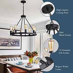 9MMML 23.6" 8 Lights Wagon Wheel Chandelier,Black Metal Round Industrial Vintage Kitchen Island Pendant Light for Living Dining Room Foyer Entryway,Height Adjustable,E26.