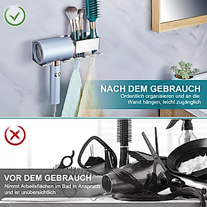 Hair Dryer Holder Wall Mounted, Blow Dryer Organizer, Hair Tool Organizer, Adhesive Blow Dryer Holder for Bathroom, Stainless Steel Hair Dryer Stand with Plug Hook & Storage Compartment