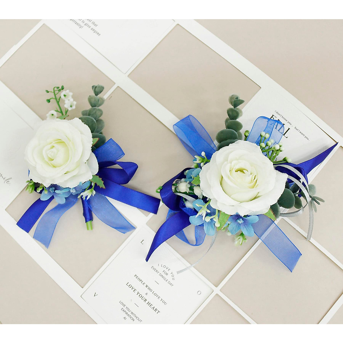 MAFELOE Wrist Corsage and Boutonniere Set Artificial Rose Flowers Accessories for Groom Bride Groomsmen Bridesmaids Wedding Party Prom Suit - Blue White 2 Pieces