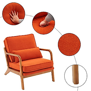 Karl home Accent Chair Mid-Century Modern Chair with Pillow Upholstered Lounge Arm Chair with Solid Wood Frame & Soft Cushion for Living Room, Bedroom, Balcony, Linen Burnt Orange (Low Back)