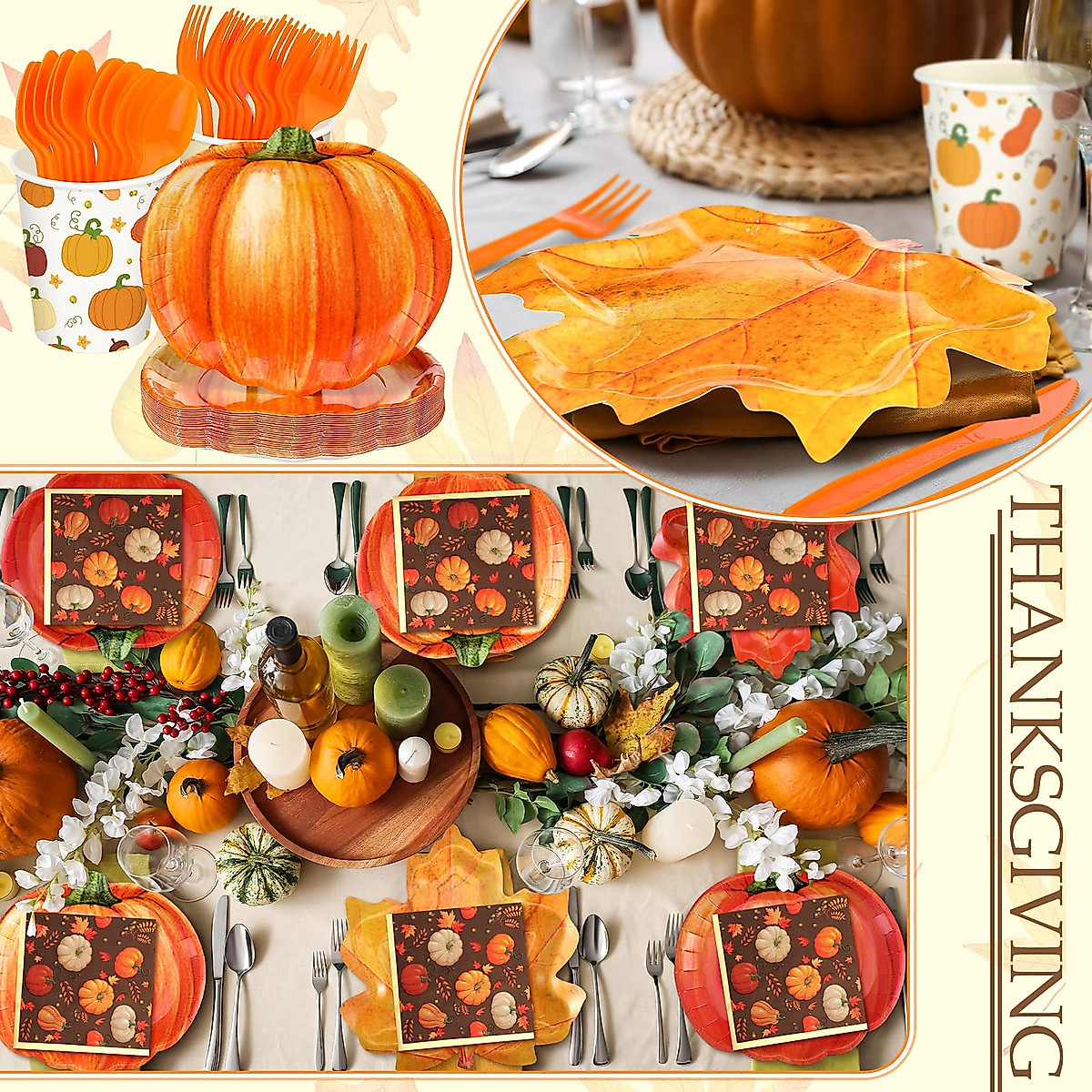 Suttmin 350 Pieces Thanksgiving Disposable Dinnerware Set, Serves 50, Thanksgiving Paper Plates Pumpkin Napkins Fall Cups Cutlery for Fall Autumn Harvest Party Decorations
