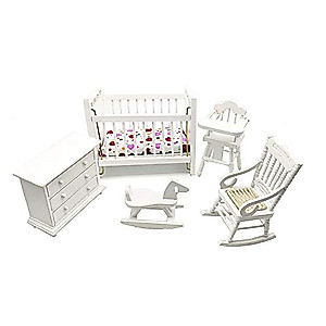 White Wooden Nursery Bedroom (5pcs) 1:12 Scale Dollhouse Furniture,Non-Toxic Paint