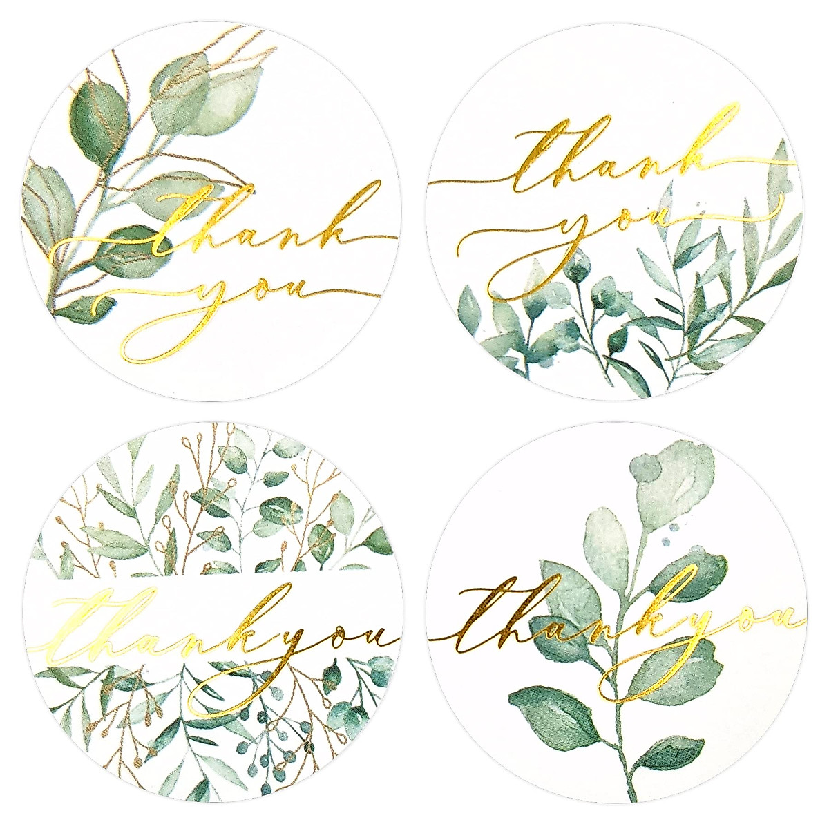 Gooji Thank You Stickers – 500Pcs Roll Greenery Gold Foil Thank You Stamp – 1.5 Inch Thank You Stickers for Packaging – 4 Designs – Ideal for Wedding and Party Favors, Envelopes, Boutiques