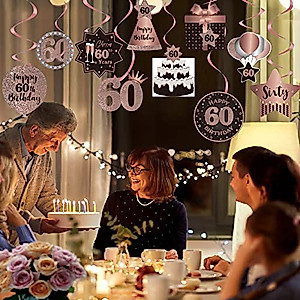 Happy 60th Birthday Party Hanging Swirls Streams Ceiling Decorations, Celebration 60 Foil Hanging Swirls with Cutouts for 60 Years Old Rose Gold Birthday Party Decorations Supplies