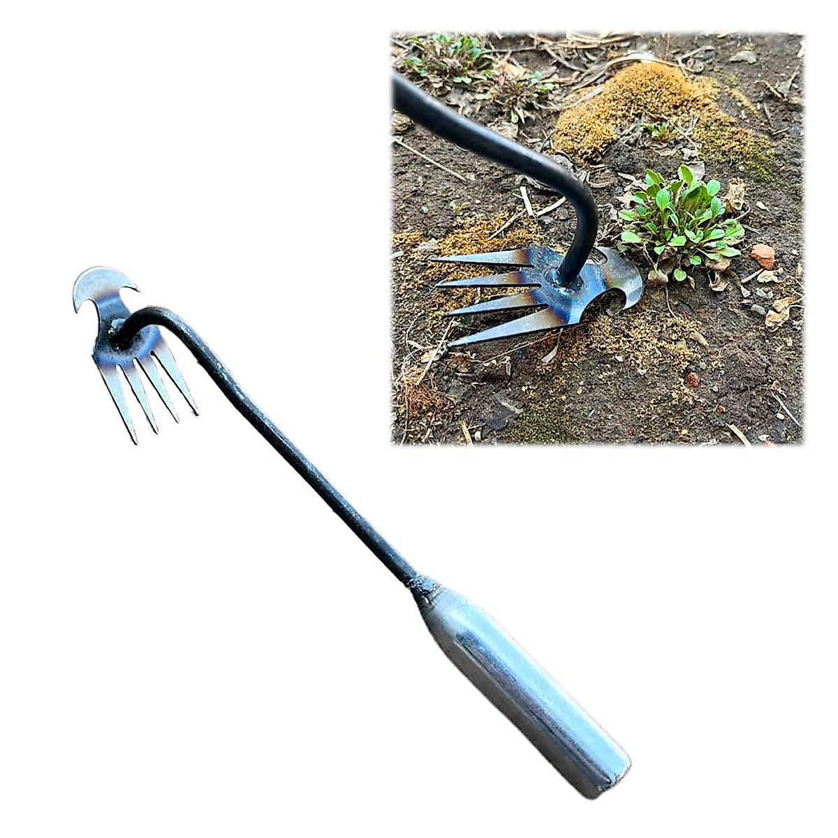 New Weeding Artifact Uprooting Weeding Tool, Upgrade Garden Weed Pulling Tool, Manganese Steel Forged Weed Puller 4 Teeth Dual Purpose Weeder with Handle for Garden Yard Farm (B-Iron Handle)