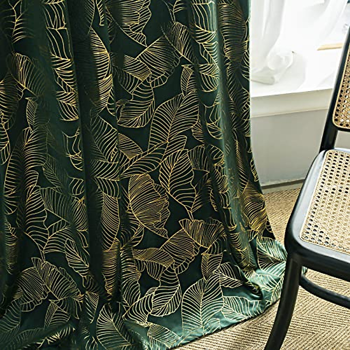 Tootop Velvet Green Curtain Leaf Plant Bedroom and Living Room high-end Gold Foil Print semi Shading Noise Reduction Soft and Smooth Decorative Drapes Pole Pocket 2 Panel (52w x 84 inches)