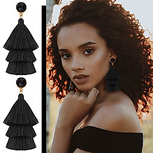 Bonuci 4 Pairs Tassel Earrings Red Earrings for Women Tassel Earring for Women Bohemian Druzy Stud Dangle Birthday Christmas Wedding Daily (White, Red, Rose Red, Black)