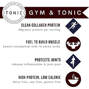 Gym & Tonic Low Calorie Collagen Protein Powder with 18 Amino Acids - Unflavored, Non-GMO, 0 Sugar, 0 Carbs, 20 Grams Clean Protein Per Serving, 1lb
