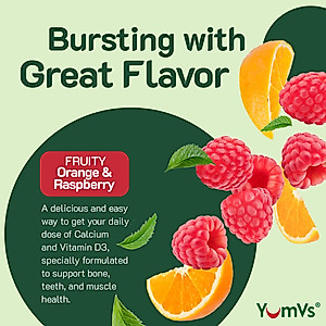 YumVs Calcium 500mg with Vitamin D3 - Raspberry & Orange Flavor Calcium Vitamin D Gummies, Chewable Calcium Supplement for Kids & Adults, Vitamin D Calcium Gummies, Kosher Halal Gluten Free (60 Count)