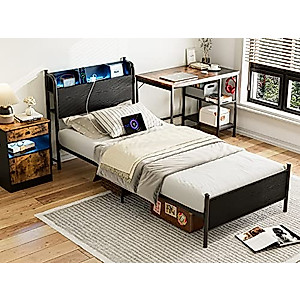IKIFLY LED Bed Frame Twin XL with Storage Shelf Headboard & Charging Station, Heavy Duty Metal and Wood Platform Bed Frame with Under-Bed Storage, Noise Free, No Box Spring Needed - Black