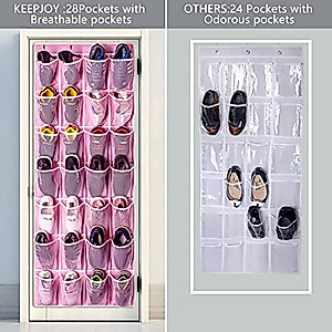KEEPJOY 28 Pockets Hanging Shoe Organizer, Over the Door Shoe Organizer, Hanging Door Shoe Holder Rack with Mesh Pockets Large Size 65 x 23 Inch (Pink-1Pack)