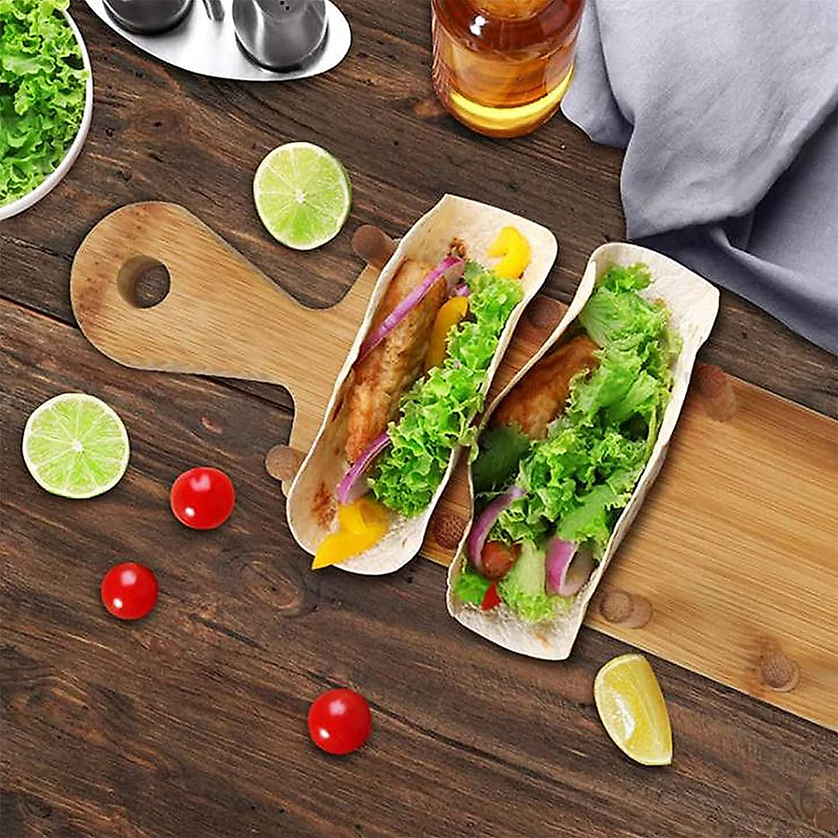 Taco Holder Stand, Wooden Taco Plates Tray Rack Holds 8 Soft or Hard Shell, Taco Bar Serving Set for a Party, Tortillas, Burritos, Home, Parties