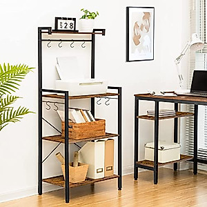 HOOBRO Bakers Rack for Kitchen, 4 Tier Microwave Stand with Storage, Multifunctional Baker's Rack with 8 Hooks, Wooden Kitchen Storage Shelf, Stable Metal Frame, Easy Assembly, Rustic Brown BF04HB01