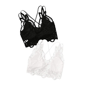 Floerns Women's Sexy Lace V Neck Criss Cross Back Bralette Crop Top Black White S