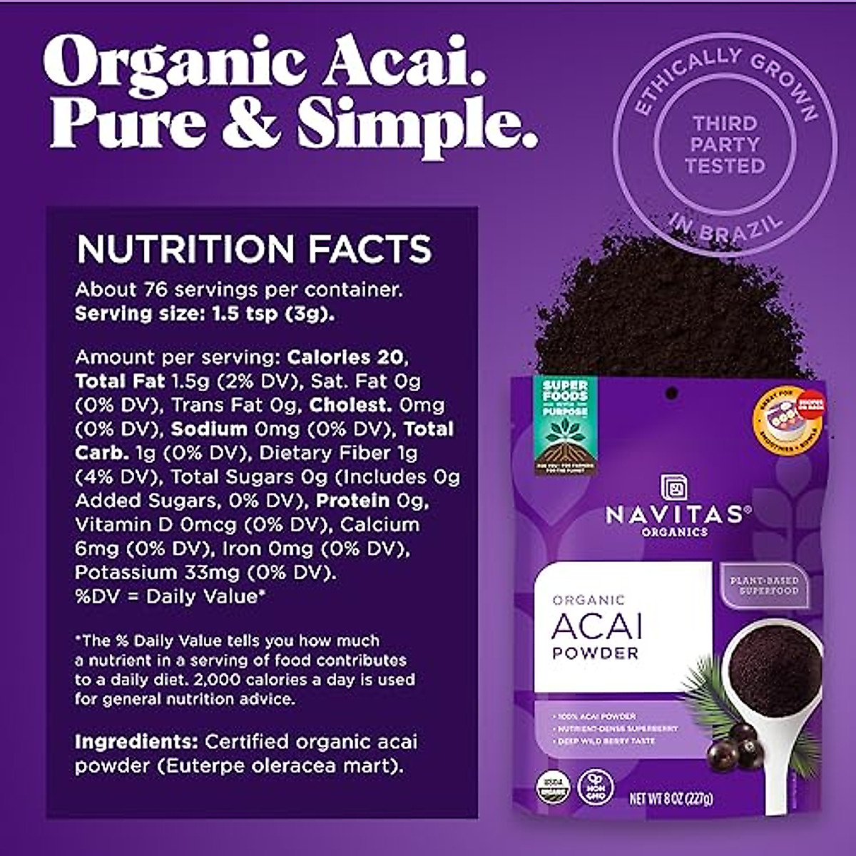 Navitas Organics Acai Powder, 8 oz Bag, 76 Servings — Organic, Non-GMO, Freeze-Dried, Gluten-Free