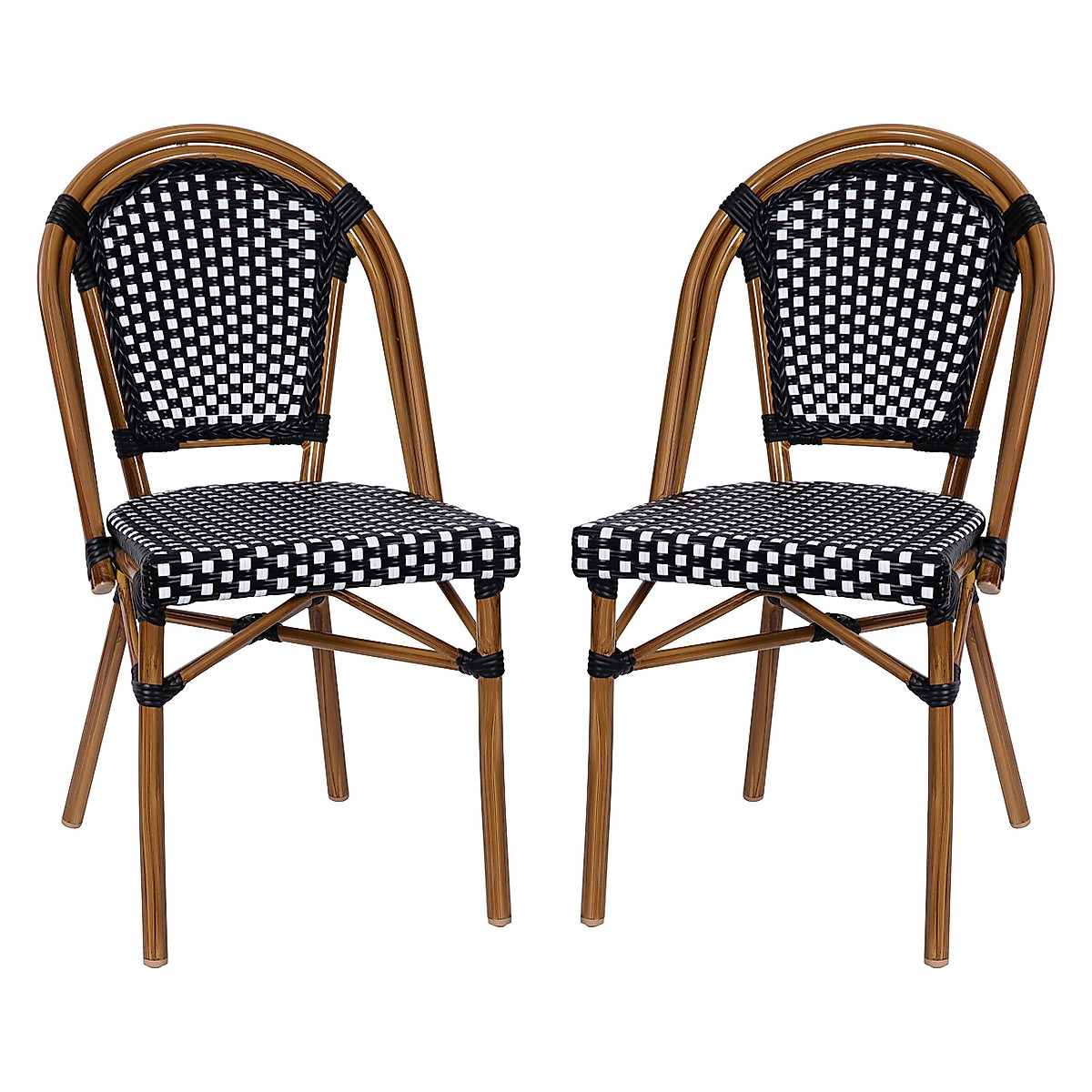 EMMA + OLIVER Soie Bistro Chair - Black & White Woven PE Seat and Back - Bamboo Finish Aluminum Frame - for Indoor/Outdoor Use - Set of Two