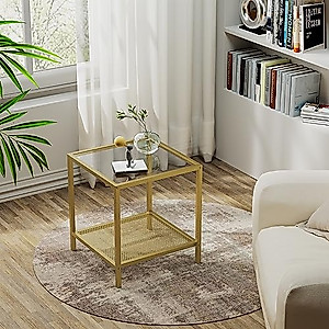 SAYGOER Glass Side Table Small Gold End Table for Small Spaces 2-Tier Square Night Stand with Storage Modern Bed Side Table with Gold Frame for Bedroom Living Room, Easy Assembly