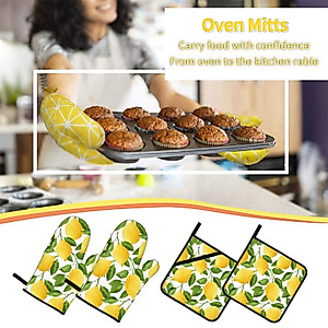 Yellow Lemon Oven Mitts and Pot Holders Set of 4, Oven Mittens and Potholders Heat Resistant Gloves for Kitchen Cooking Baking Grilling BBQ