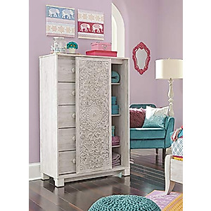 Signature Design by Ashley Paxberry Boho 5 Drawer Dressing Chest with Slider Door & 3 Adjustable Shelves, Whitewash