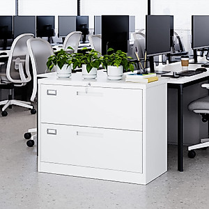 MIIIKO Lateral File Cabinet 2 Drawer with Lock, White Filing Cabinet Home Office, Large Deep Drawers Locked by Keys, for Hanging Folders Files Letter/Legal/F4/A4 Size