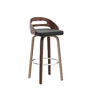 Bar Stools Set of 2, Swivel Bar Height Stools with Walnut Bentwood, Low Back, Upholstered Faux Leather, Soft Cushion Seat, Mid Century Bar Stools for Kitchen/Island/Counter (Black, 25" Seat Height)